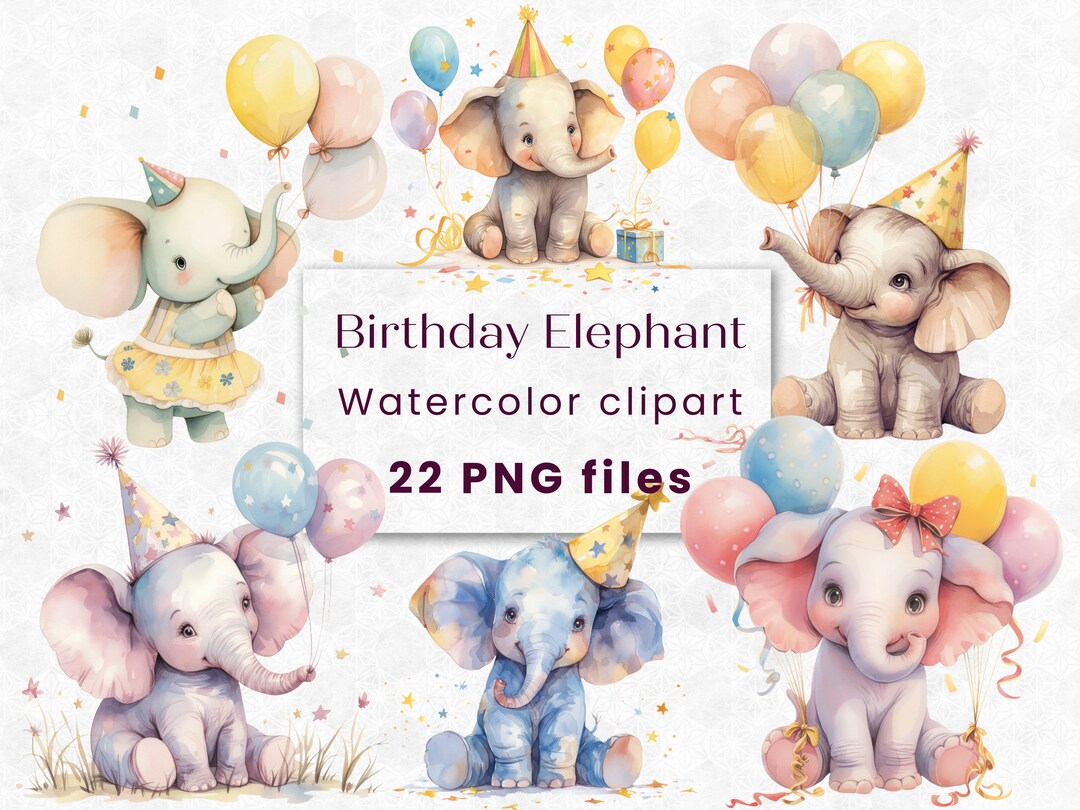 Watercolor Cute Birthday Elephant Clipart, Baby Animal, Party Balloons ...