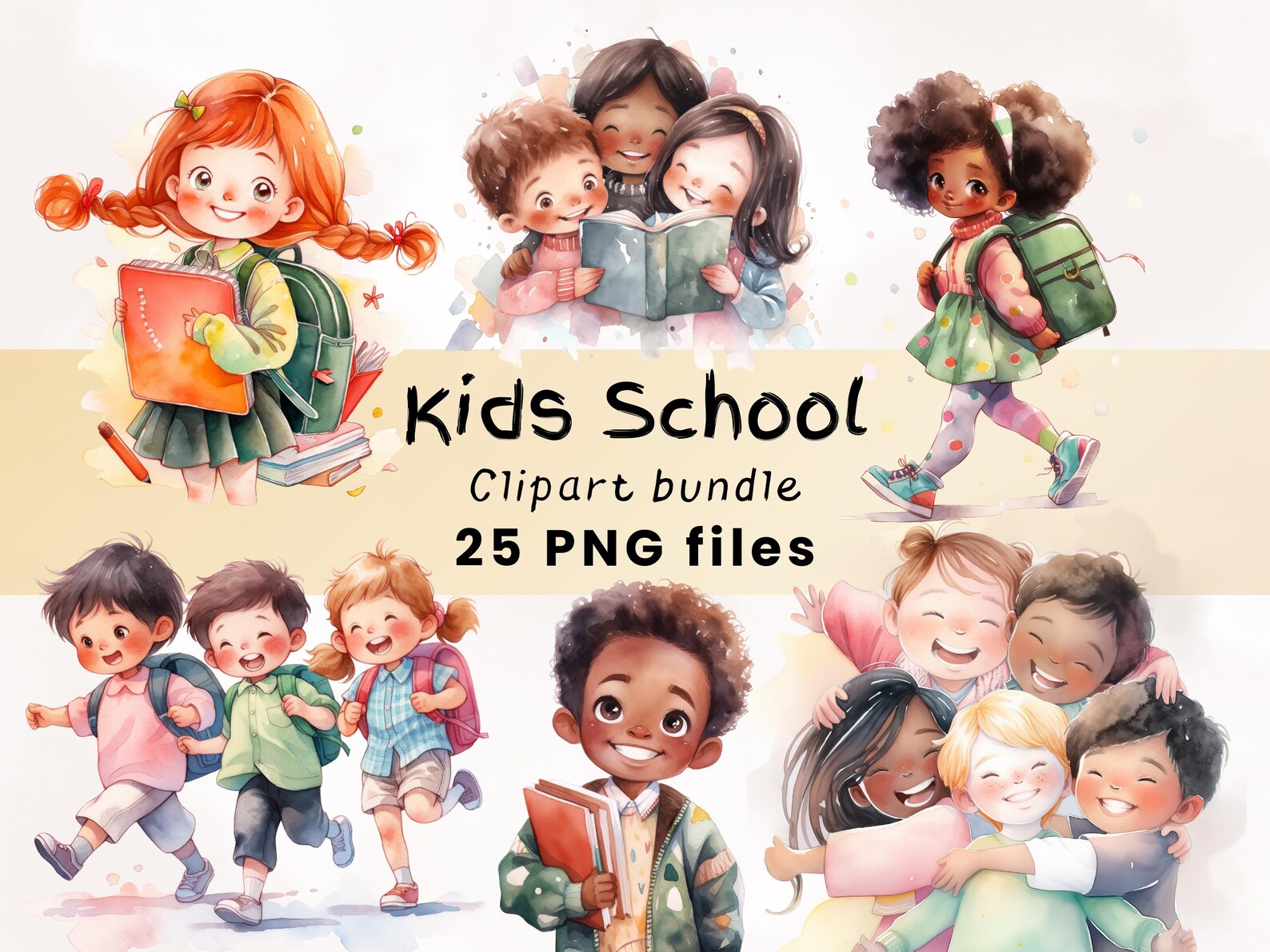 Watercolor Back to School Clipart, School Kids, Backpack, Book ...