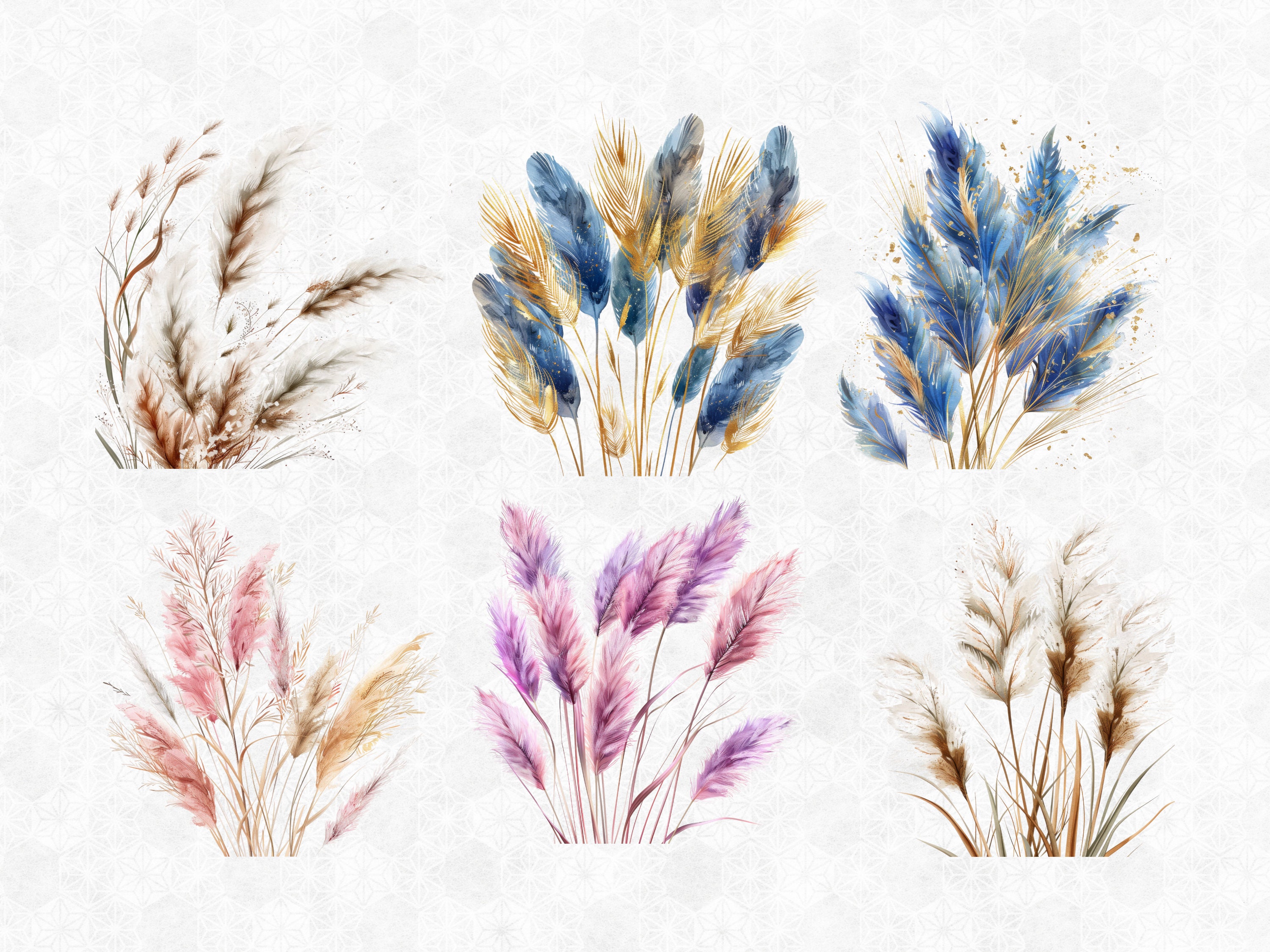 Pampas Grass Watercolor Clip Art Boho Floral Elements, Bohemian Wedding ...
