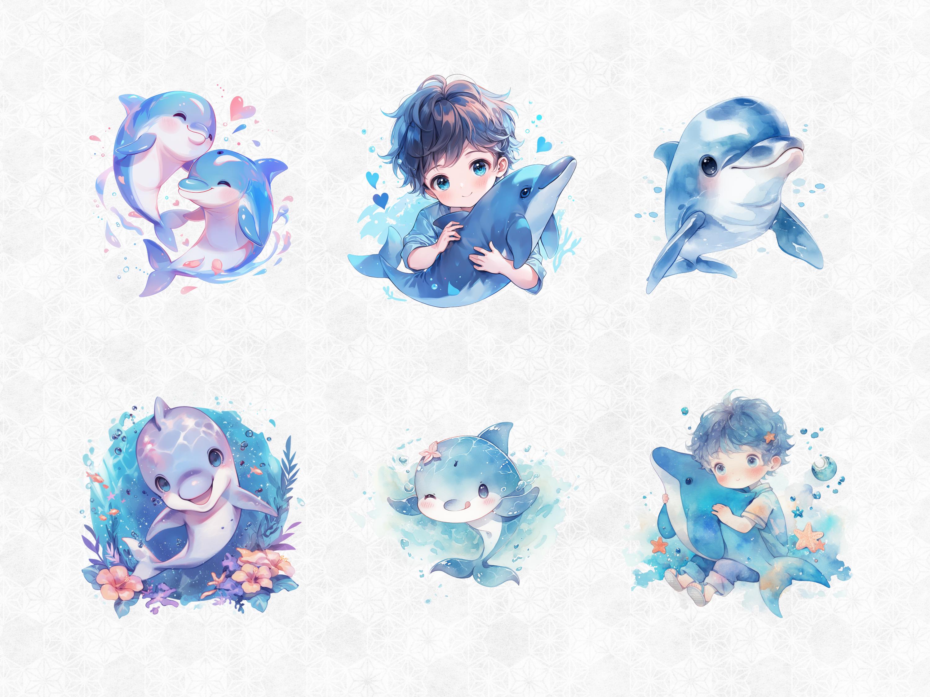 Watercolor Cute Kawaii Dolphin Clipart, Chibi Beach Boy and Girl, Anime ...