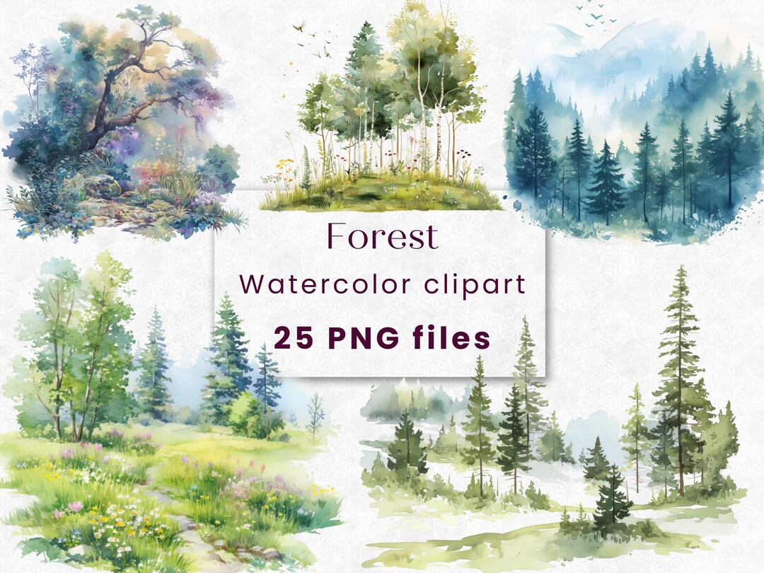 Watercolor Forest Clipart, Woodland Landscape, Image, Pine Tree, Nature ...