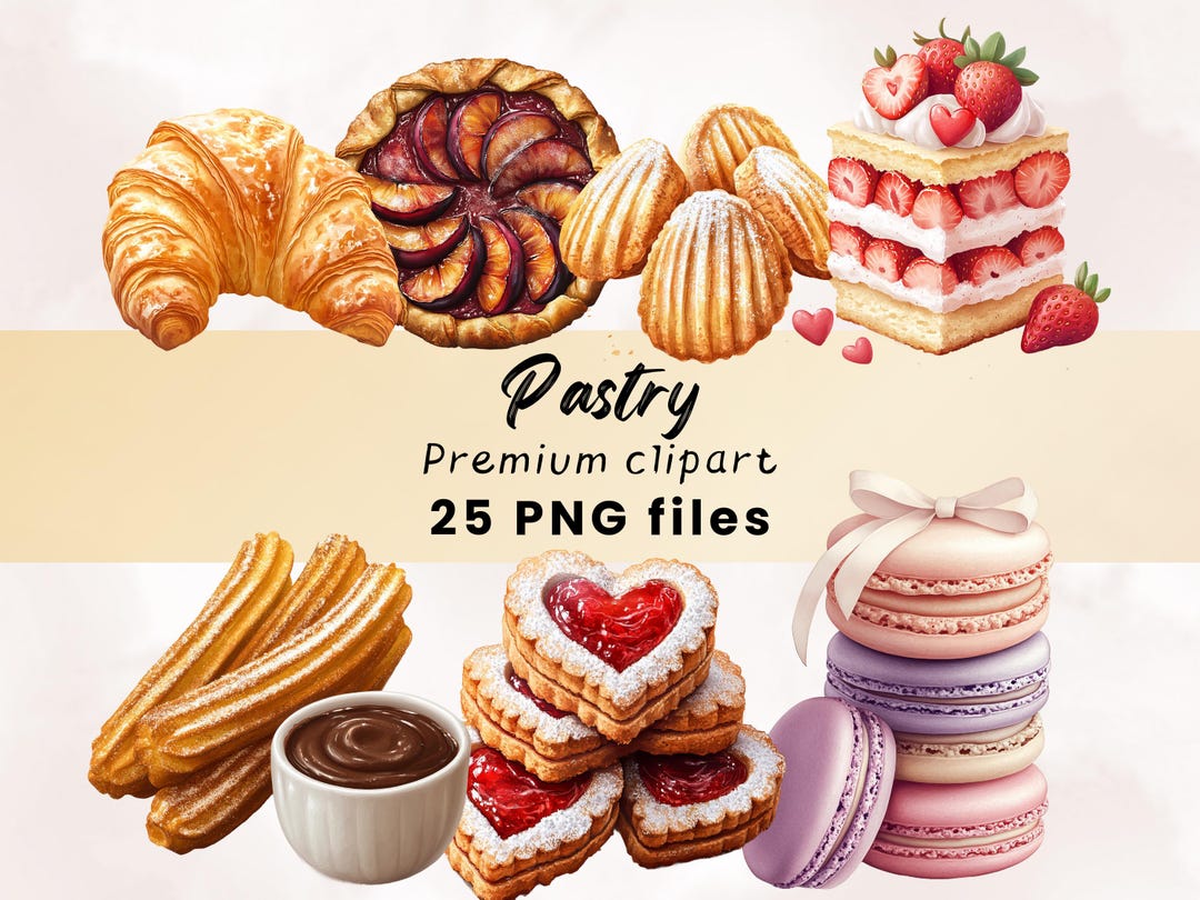French Pastry Clipart: Watercolor Croissant, Macarons, Cakes (PNG) - Etsy