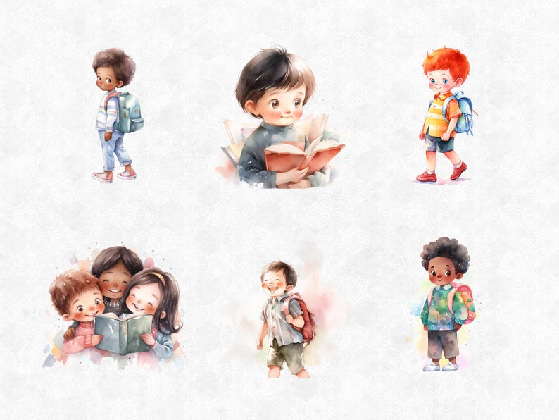 Watercolor Back to School Clipart, School Kids, Backpack, Book ...