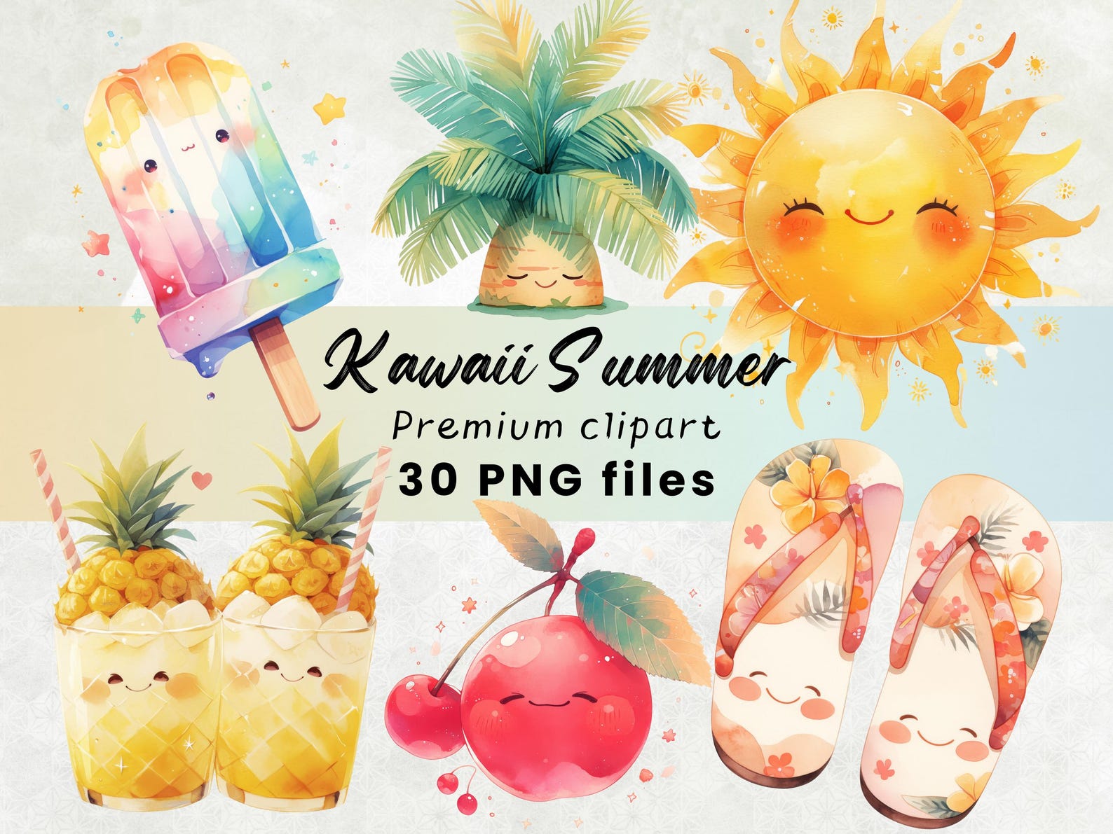 Kawaii Summer Clipart, Beach Clipart, Vacation Clipart, Chibi Summer ...