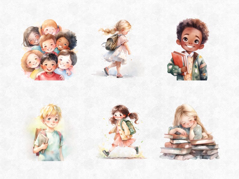 Watercolor Back to School Clipart, School Kids, Backpack, Book ...