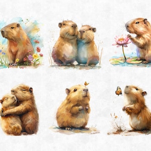 Capybara Watercolor Clipart, Capybara With Other Animals, Cute Capybara ...