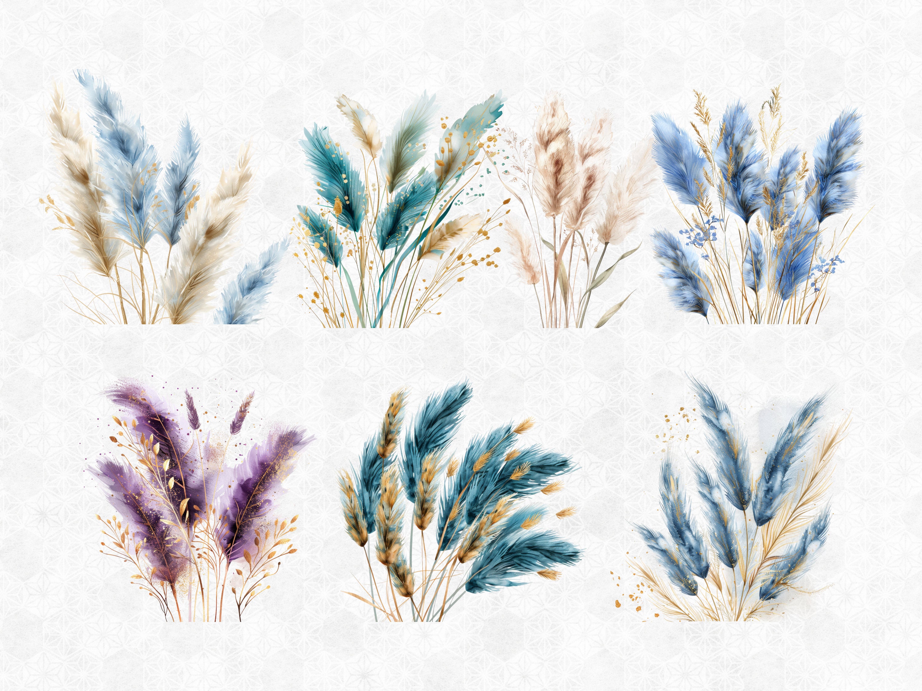 Pampas Grass Watercolor Clip Art Boho Floral Elements, Bohemian Wedding ...