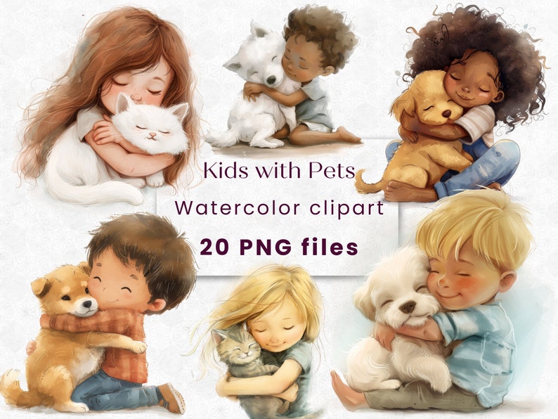Watercolor Kids With Pets Clipart, Cute Children, Dog, Cat, Hugging ...