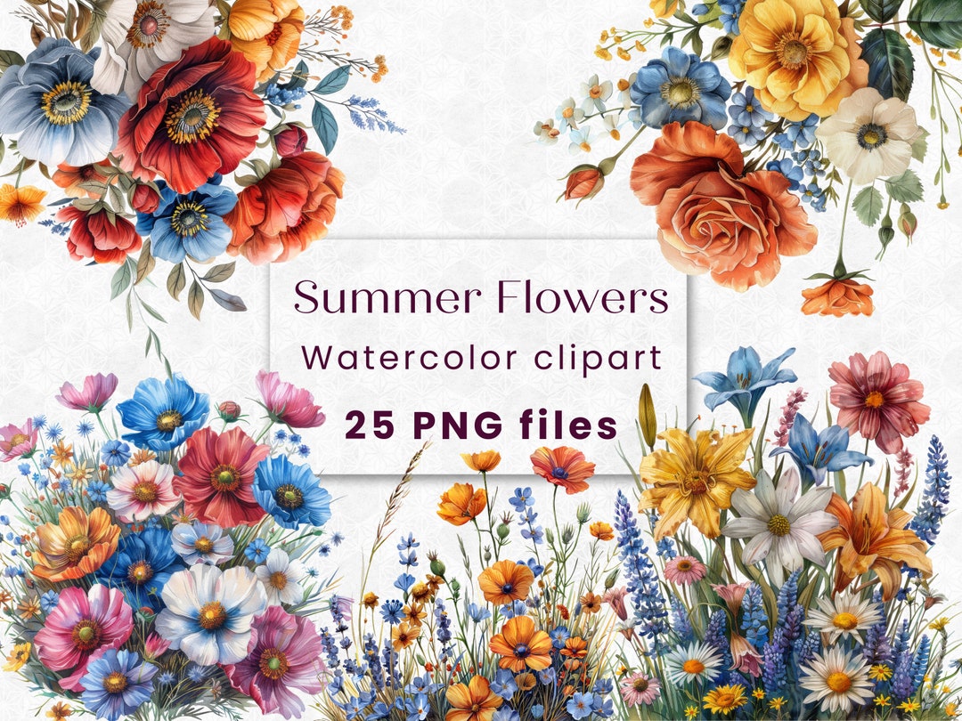 Summer Flowers Clipart, Wildflower Meadow Clipart, Summer Floral Nature ...