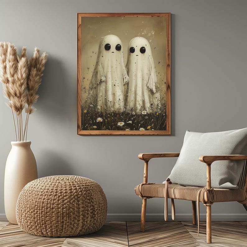 Vintage Cute Ghosts in Wildflower Meadow Print, Spooky Halloween Fall ...