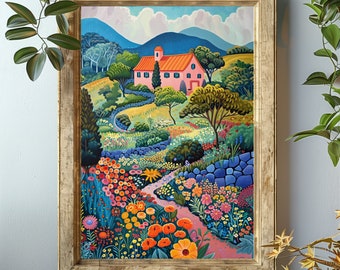 Colorful Scenery Wall Art, Flower Landscape Decor, Bright Summer ...