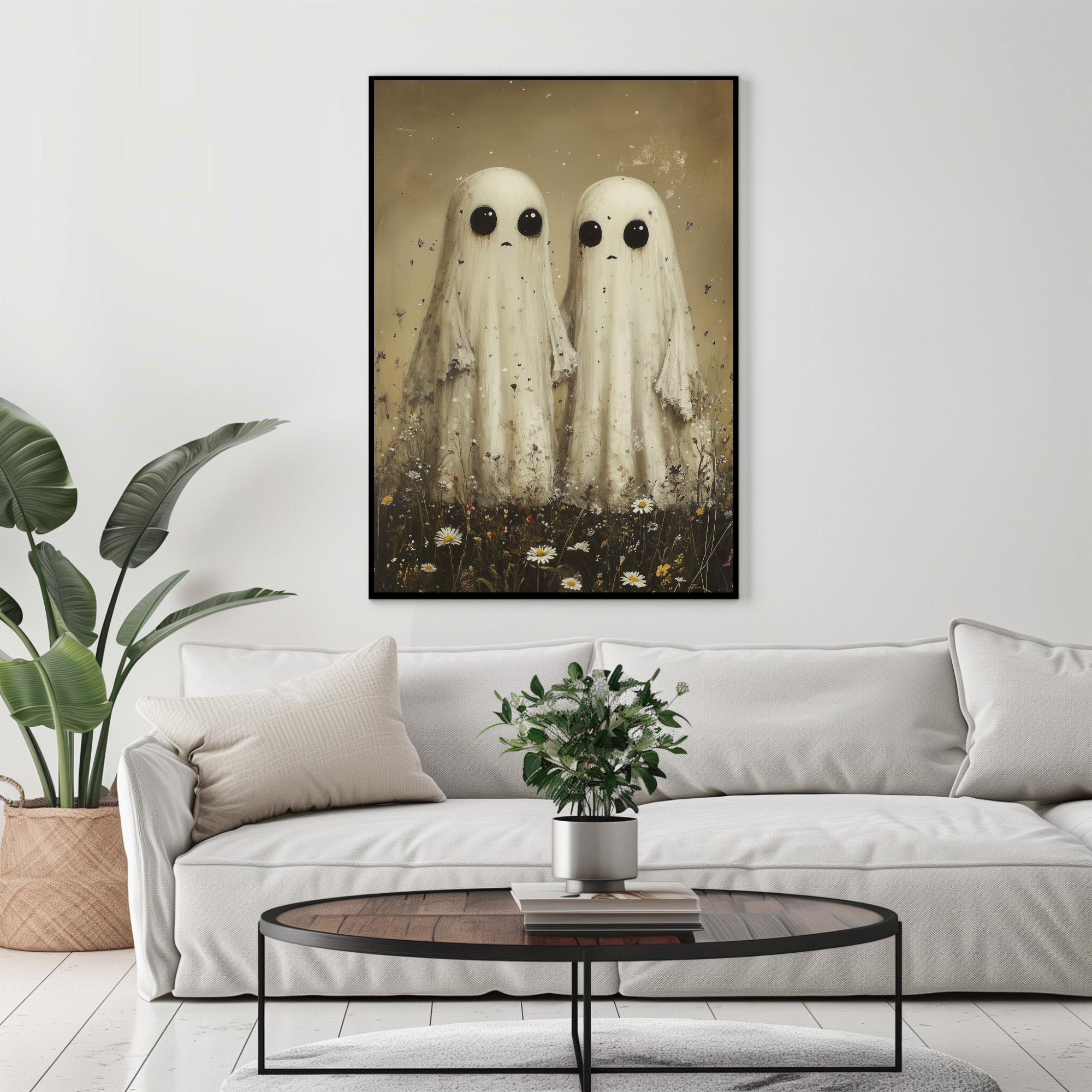 Vintage Cute Ghosts in Wildflower Meadow Print, Spooky Halloween Fall ...
