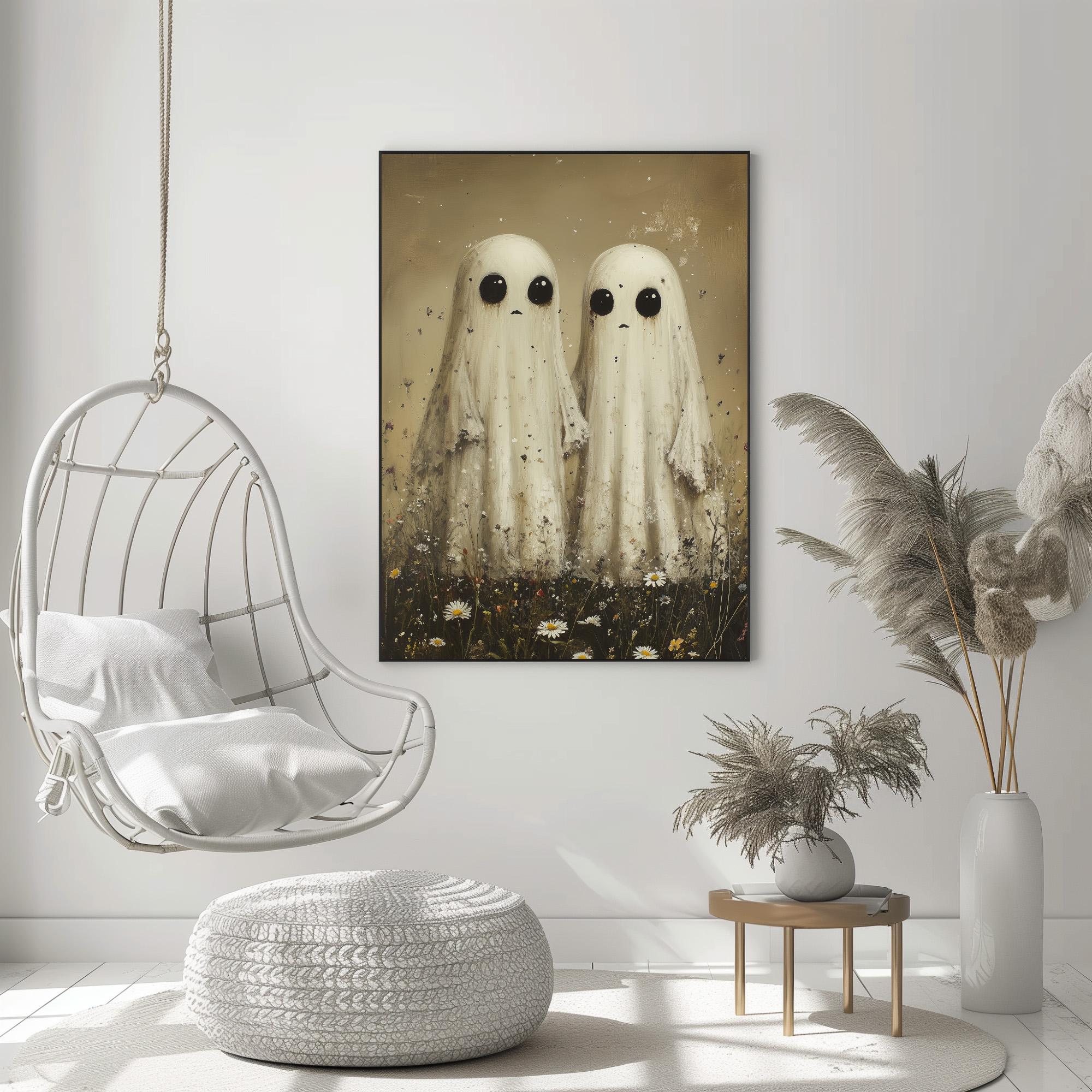 Vintage Cute Ghosts in Wildflower Meadow Print, Spooky Halloween Fall ...