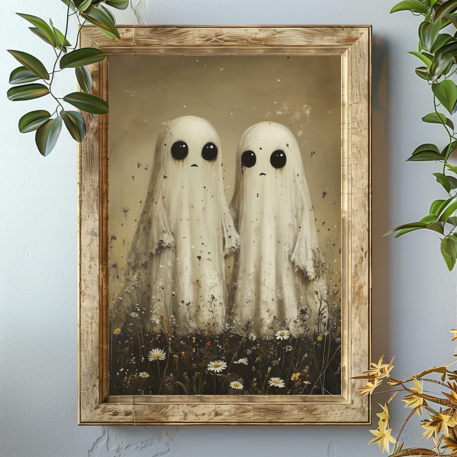 Vintage Cute Ghosts in Wildflower Meadow Print, Spooky Halloween Fall Painting Printable Wall ...