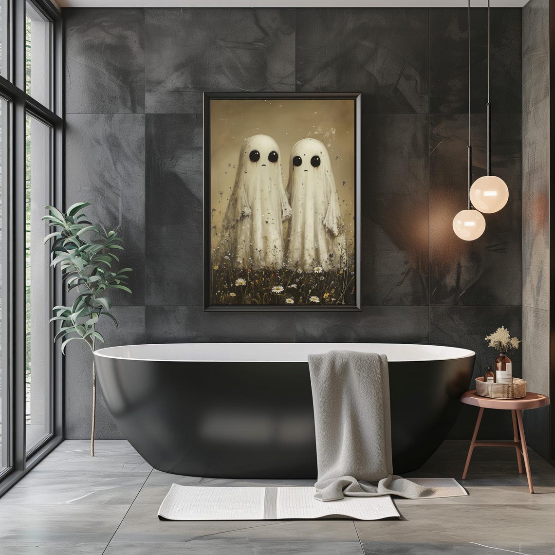 Vintage Cute Ghosts in Wildflower Meadow Print, Spooky Halloween Fall Painting Printable Wall ...