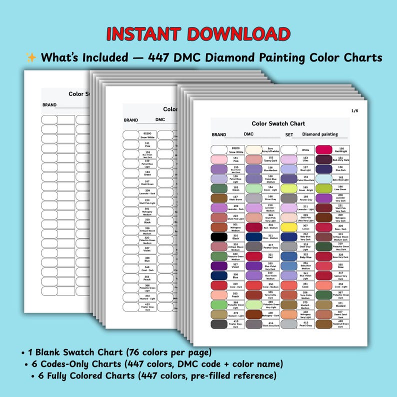 DMC Diamond Painting Color Chart 447 Colors | A4 & US Letter PDF - Etsy