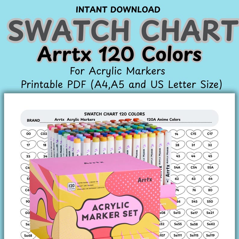 Arrtx 120 Acrylic Marker Swatch Chart Template: Printable Color Guide ...