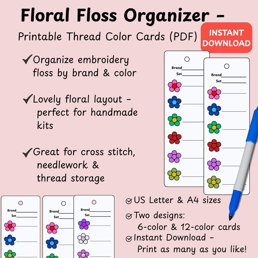 Embroidery Floss Organizer Printable – Flower Thread Card Template for ...