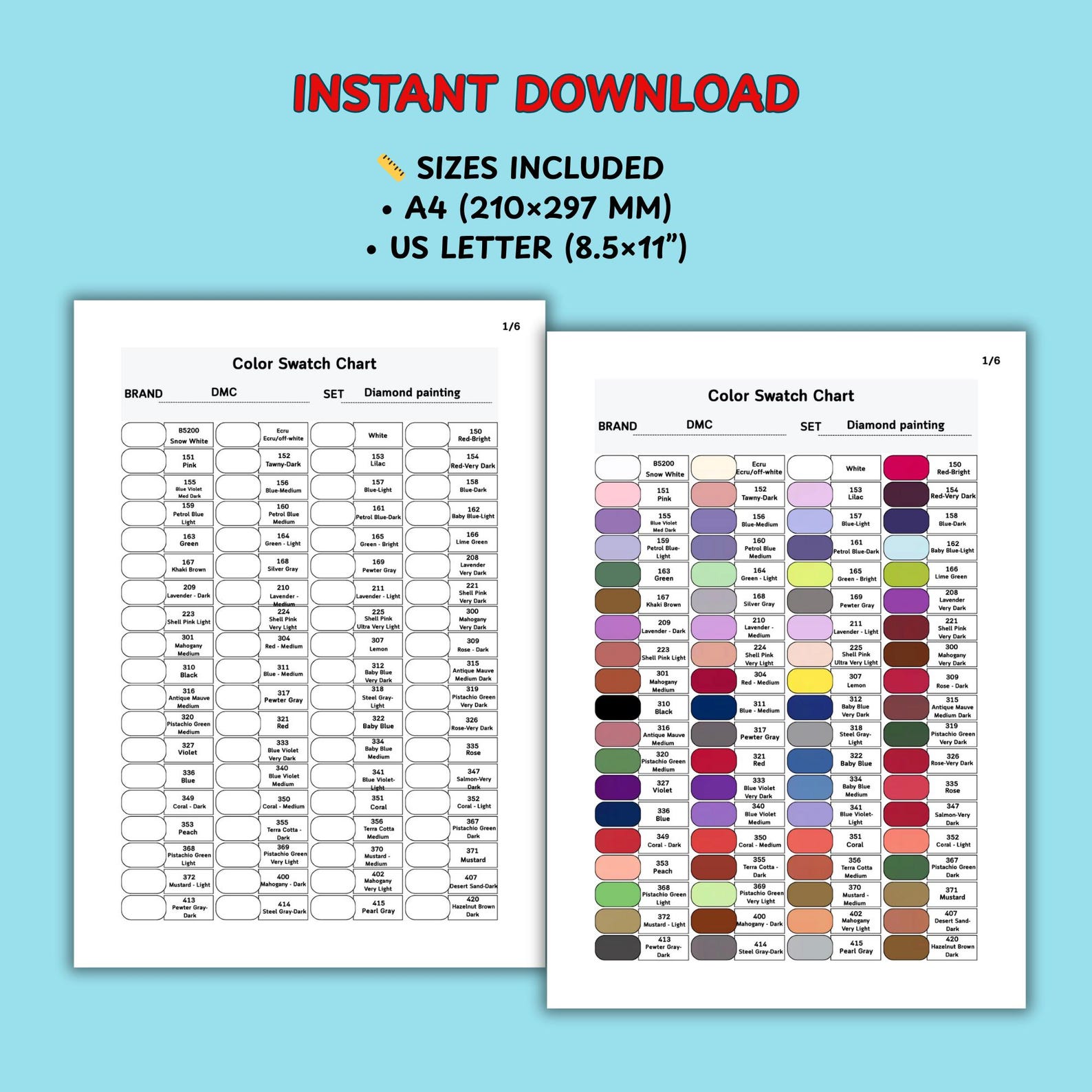 DMC Diamond Painting Color Chart 447 Colors | A4 & US Letter PDF - Etsy