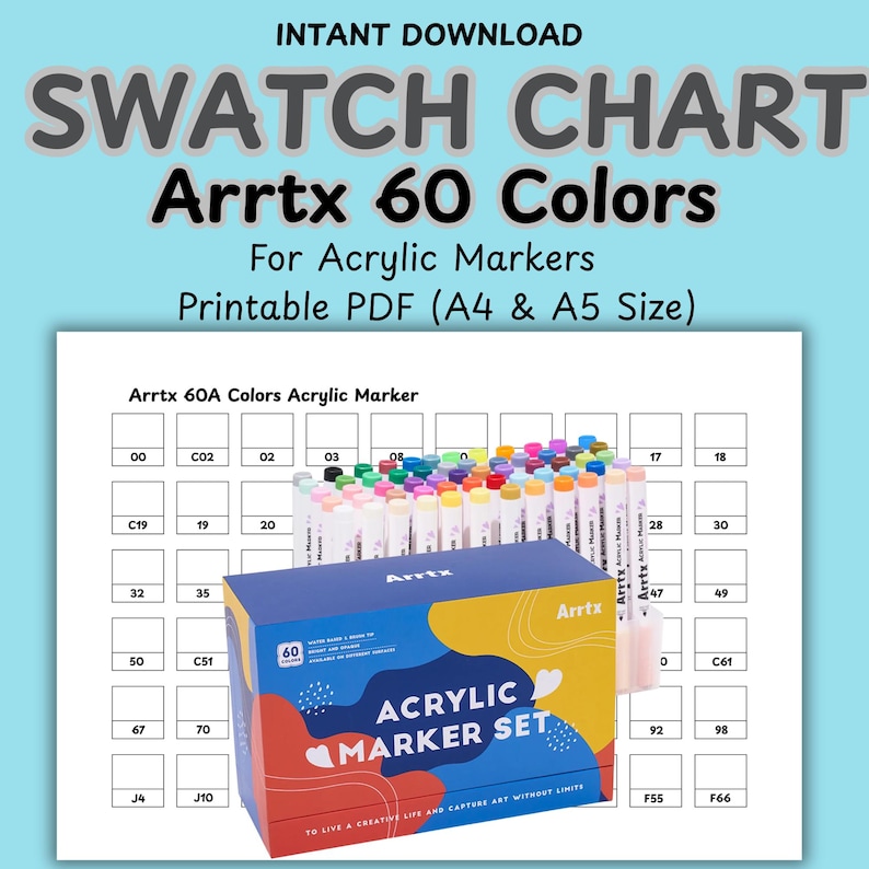 Arrtx 60 Acrylic Marker Swatch Chart Template: Printable Color Guide ...