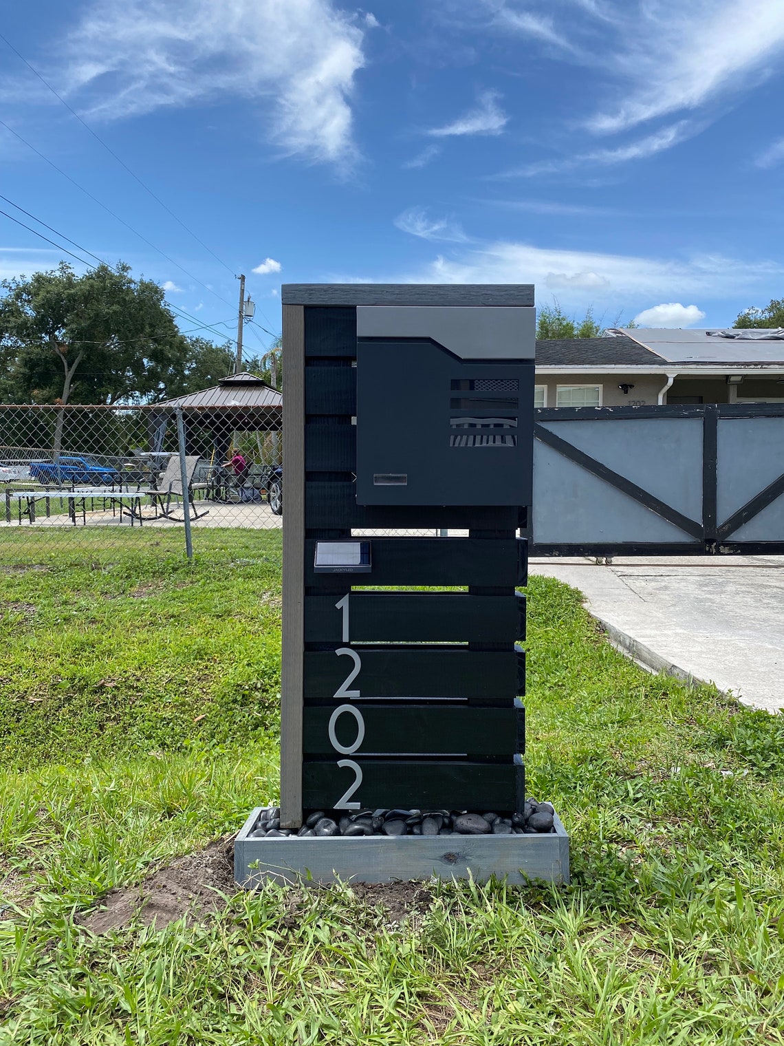 Black and Gray Custom Wooden Mailbox With Solar Light and House Numbers ...