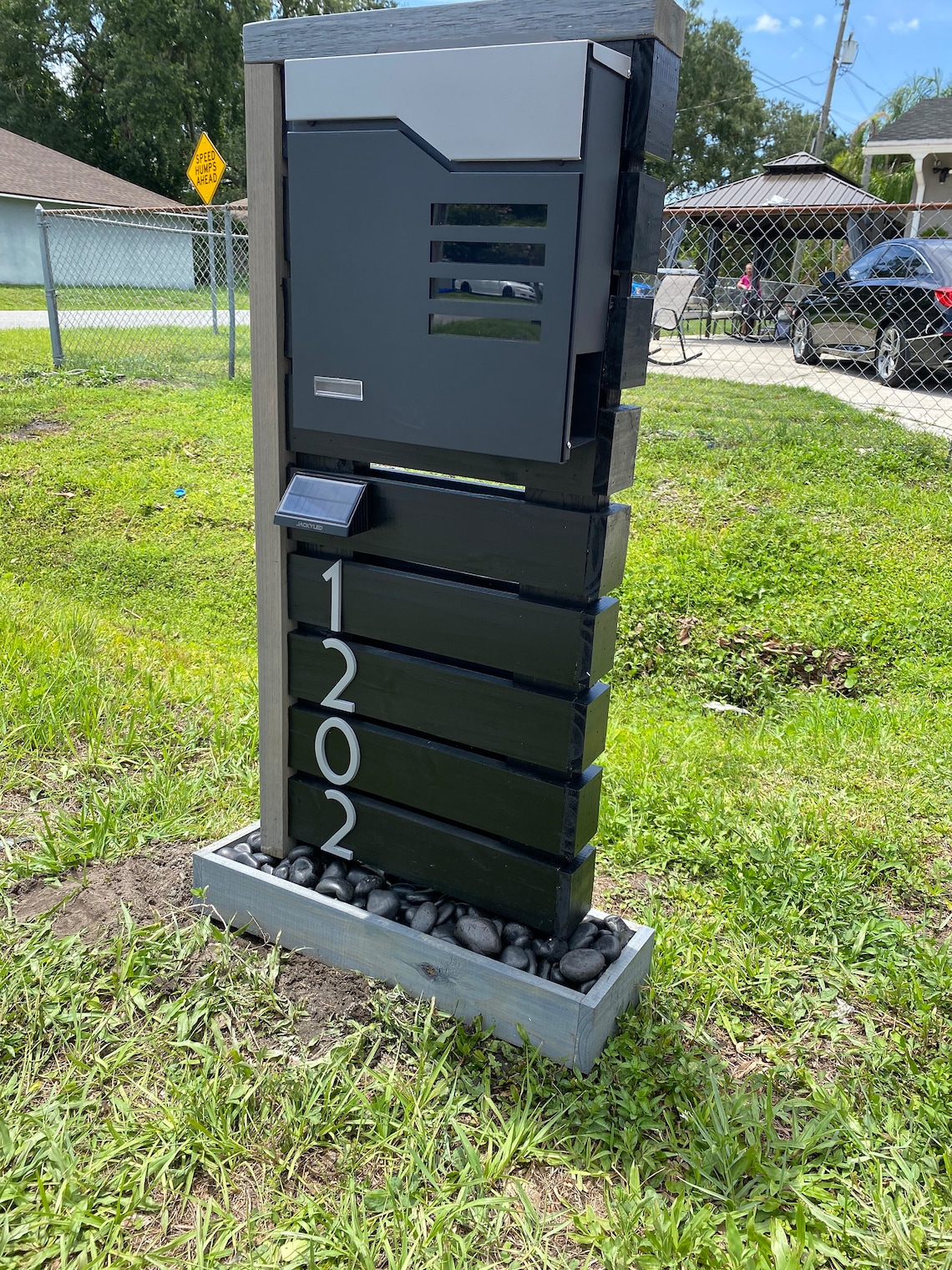 Black and Gray Custom Wooden Mailbox With Solar Light and House Numbers ...
