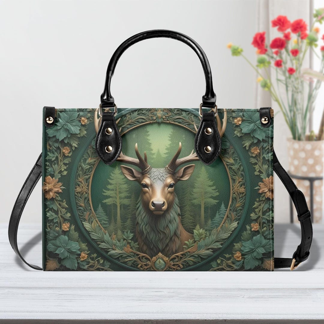 Forest Green Stag Bag Vegan Leather Cute Handbags Shoulder Bag, Small ...