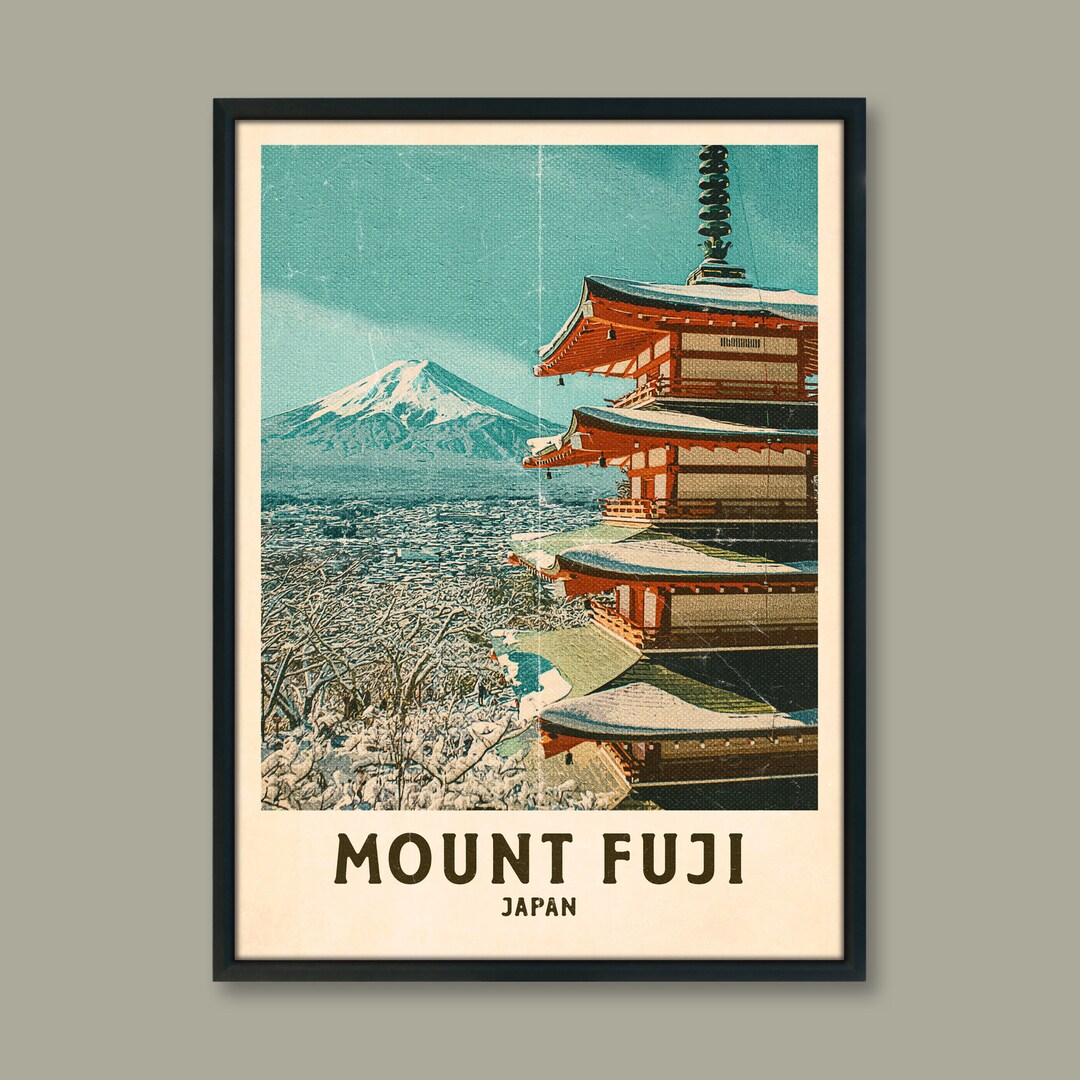 Mount Fuji Retro Travel Poster Mount Fuji Wall Art Retro Travel Print Mountain Artwork Aged ...