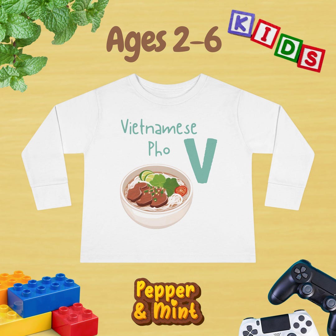 Food Alphabet V for Vietnamese Pho Ages 2-6 Unisex Toddler Long Sleeve ...