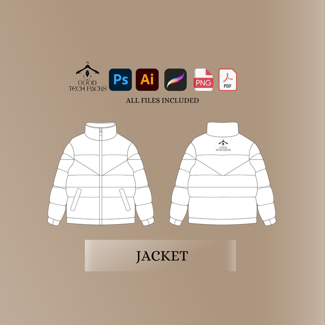 Puffer Jacket Mockup Streetwear Vector Template Tech Pack Illustrator ...