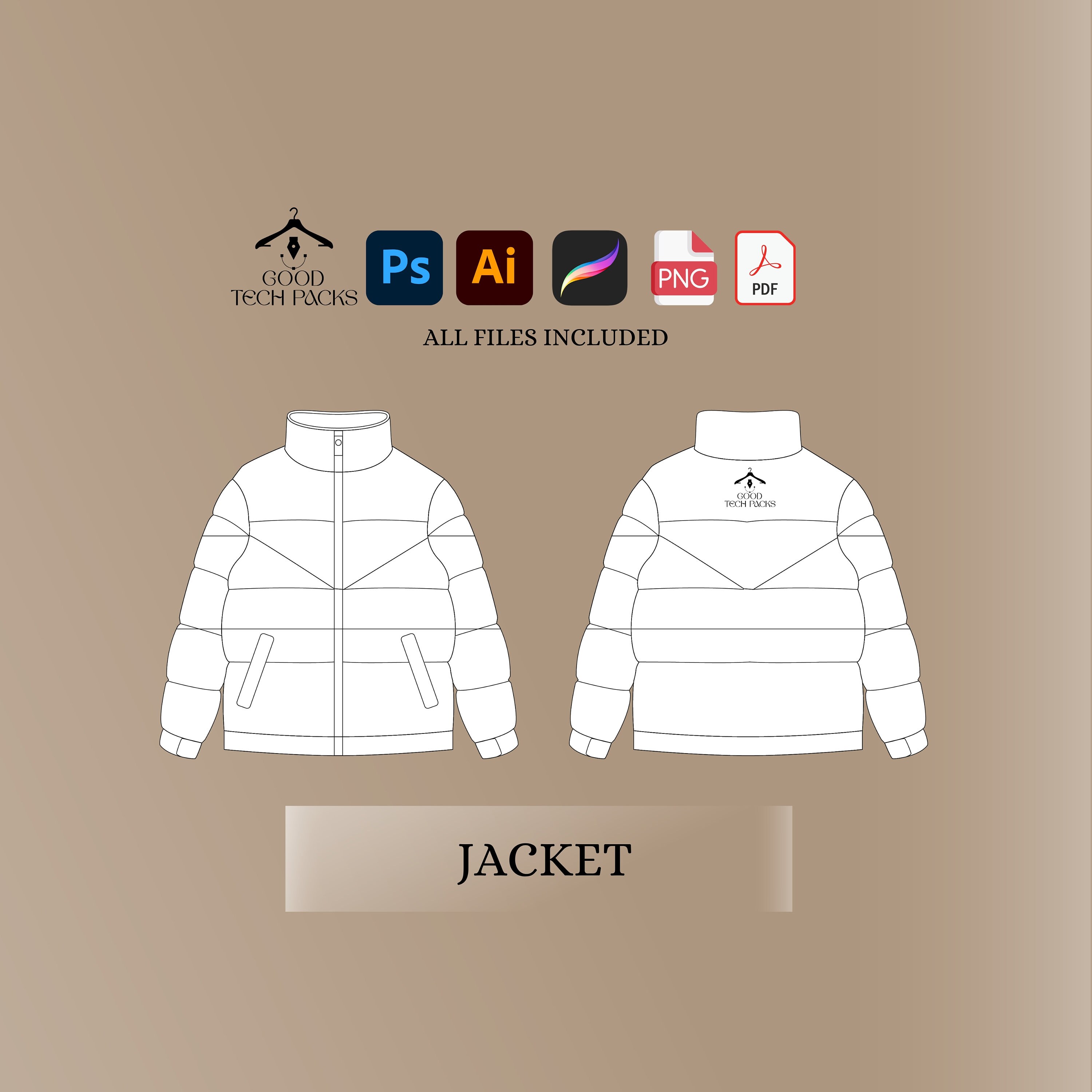 Puffer Jacket Mockup Streetwear Vector Template Tech Pack Illustrator ...
