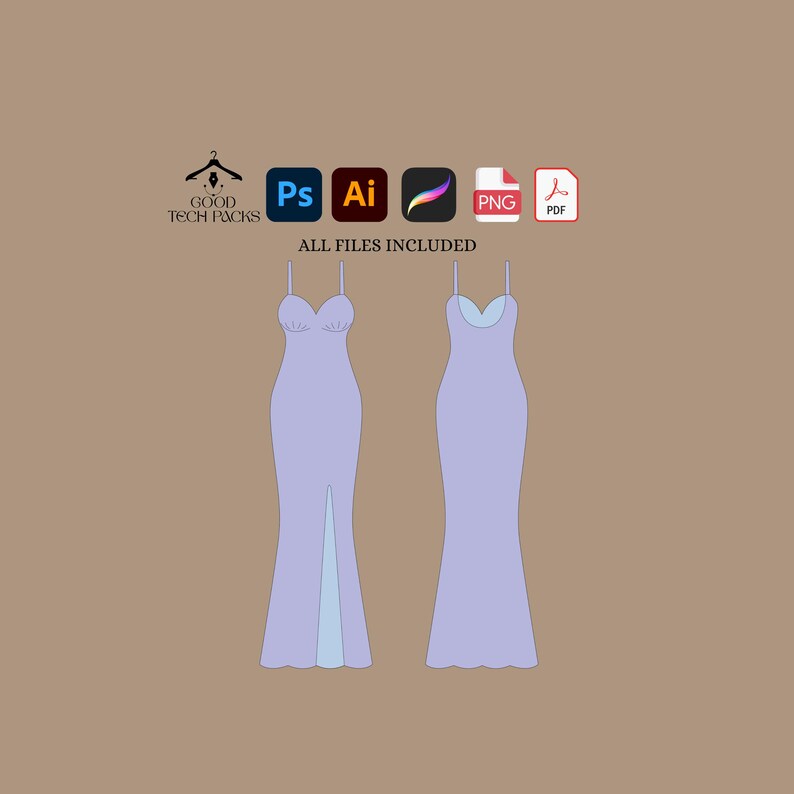 Midi Dress Tech Pack Template Clothing Procreate Vector Template Adobe ...