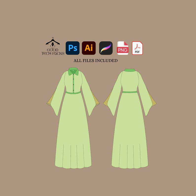 Abaya Dresses Tech Pack Template Abaya Drawing Clothing Tech Pack Abaya ...