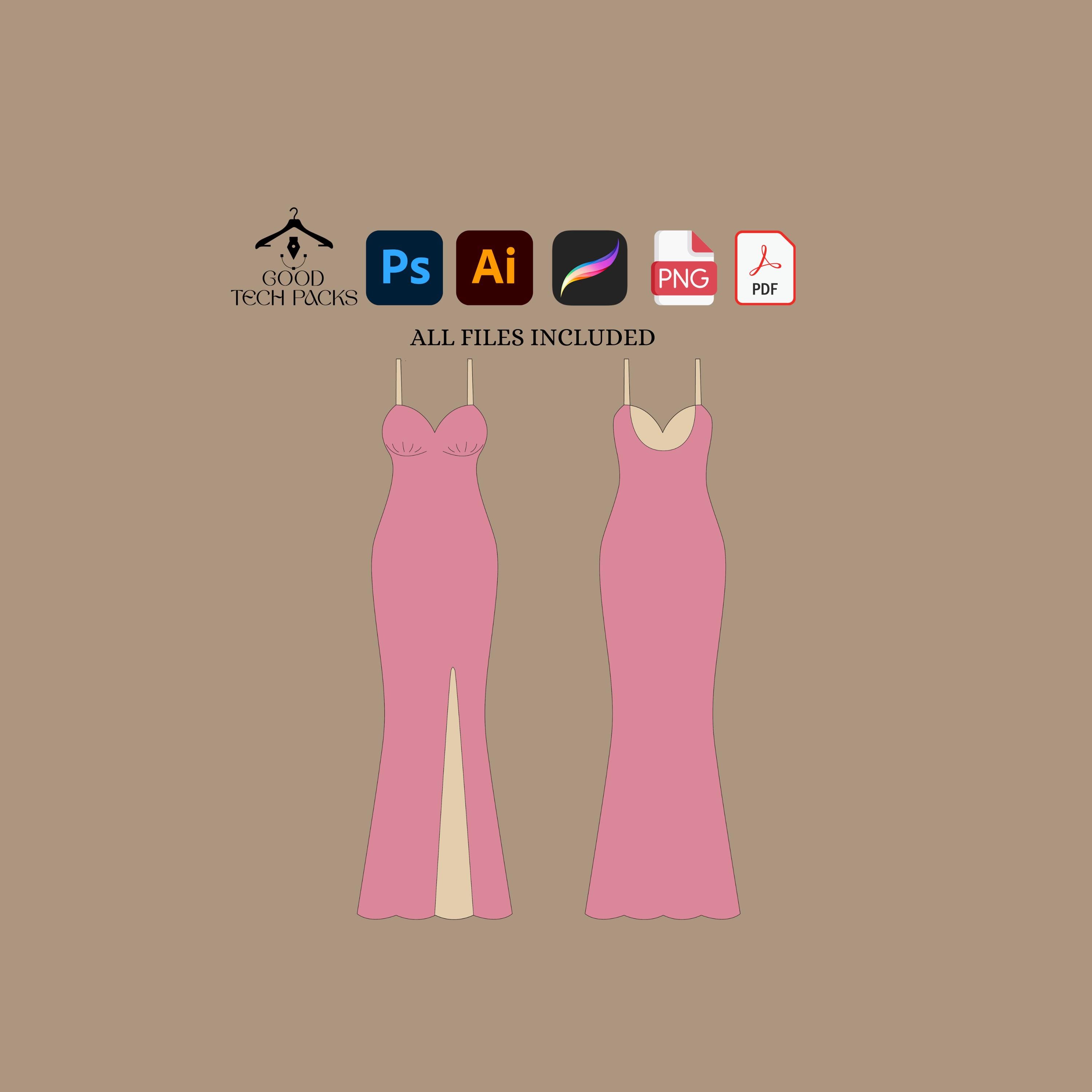 Midi Dress Tech Pack Template Clothing Procreate Vector Template Adobe ...