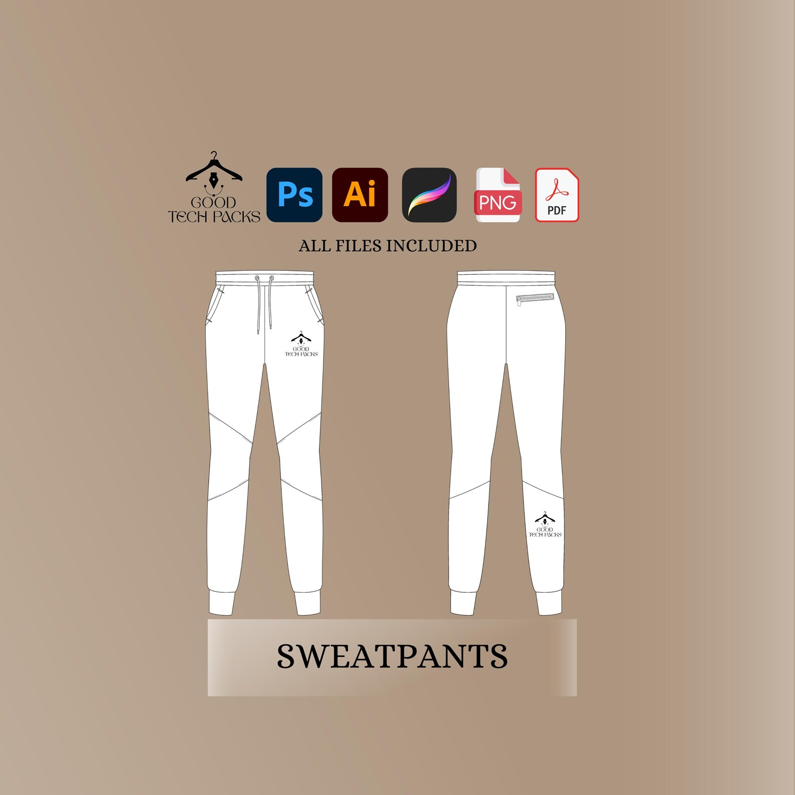 Activewear Sport Pants Tech Pack Streetwear Mockup Template Drawing ...