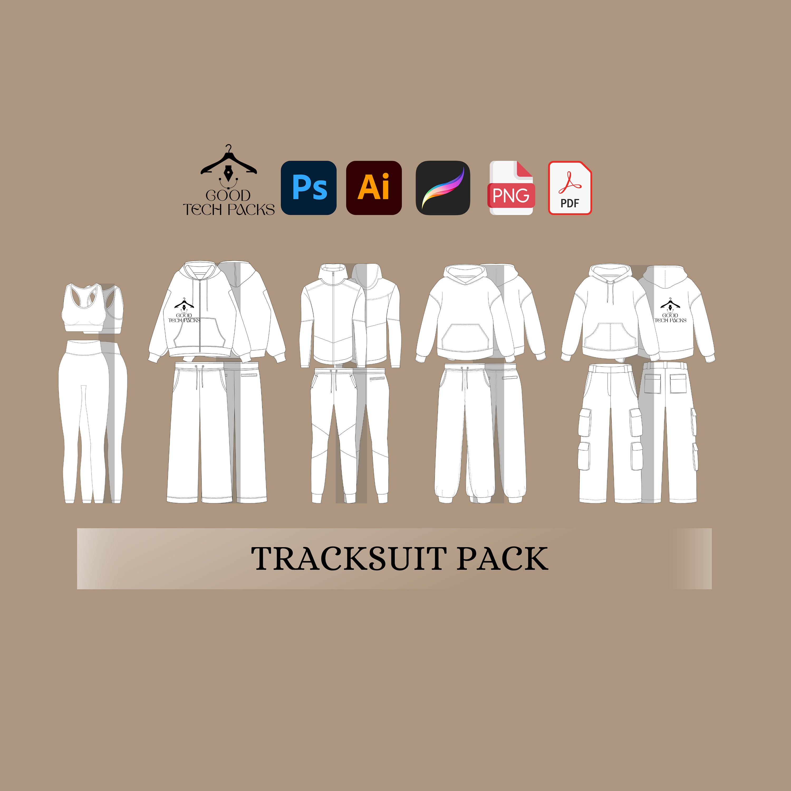 Tracksuit Tech Drawings, Vector Template, Vector Tech Pack Illustrator ...