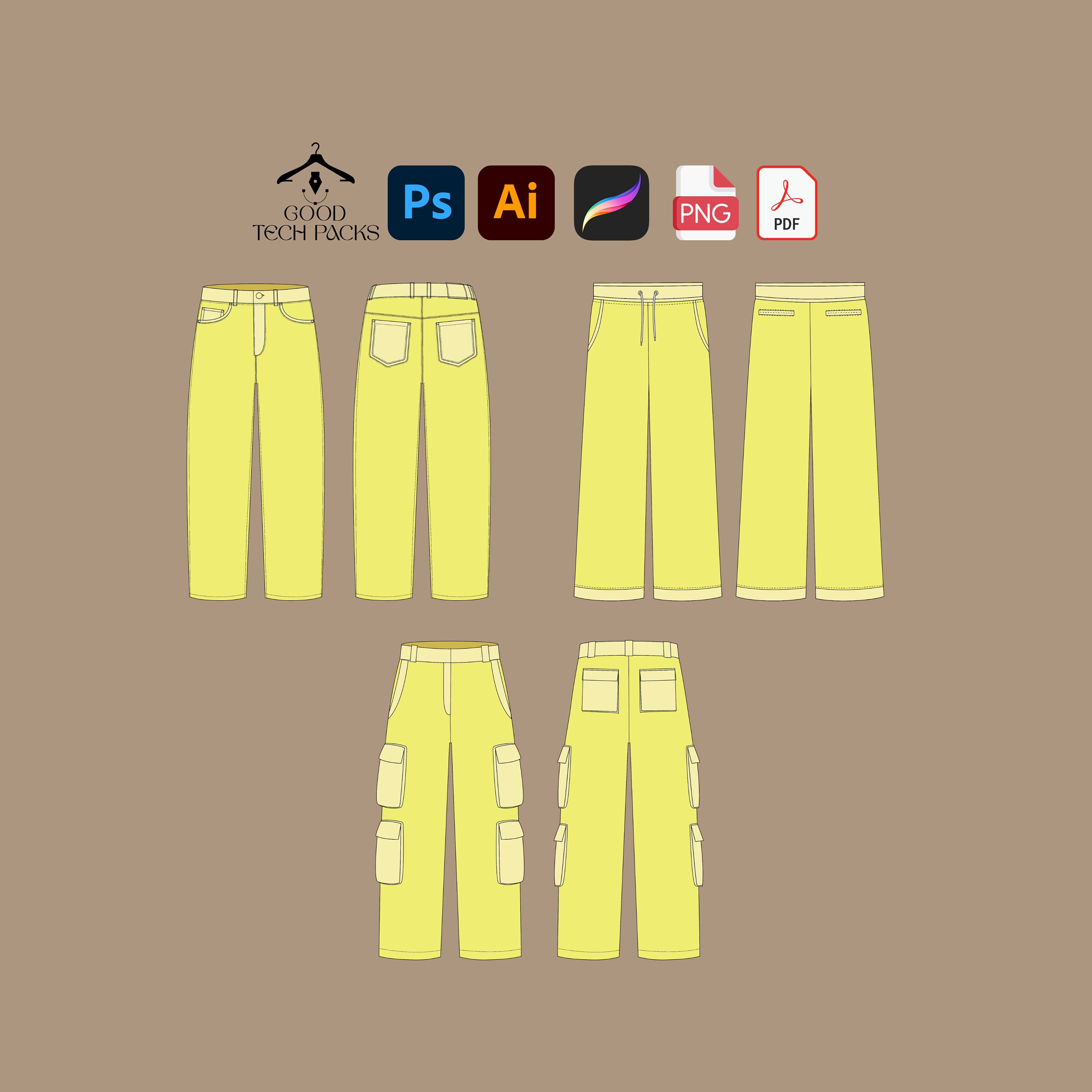 Pants Mockup, Vector Template, Tech Pack Illustrator, Pants Tech ...