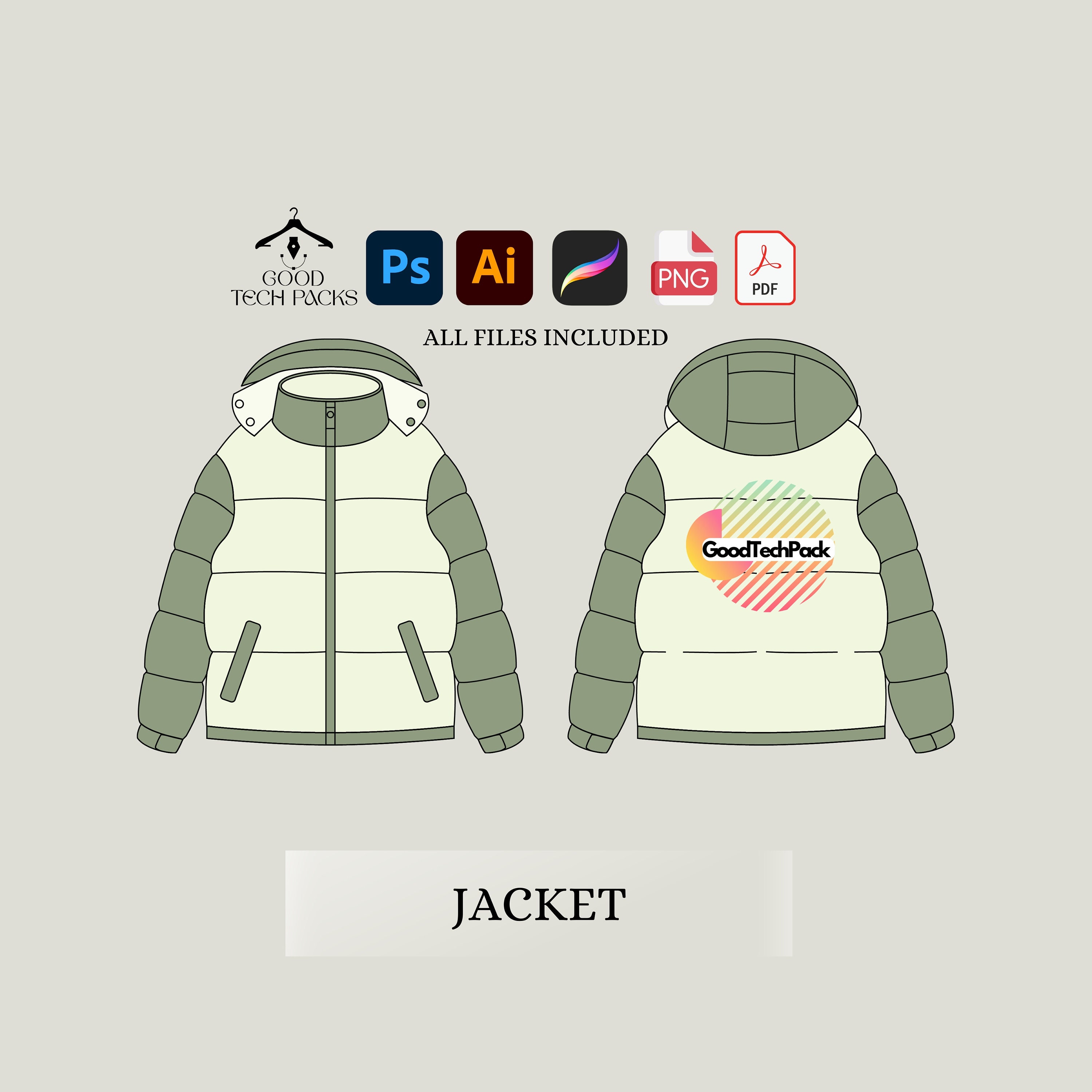 Puffer Jacket Tech Pack: Vector Template for Streetwear Design. Digital ...