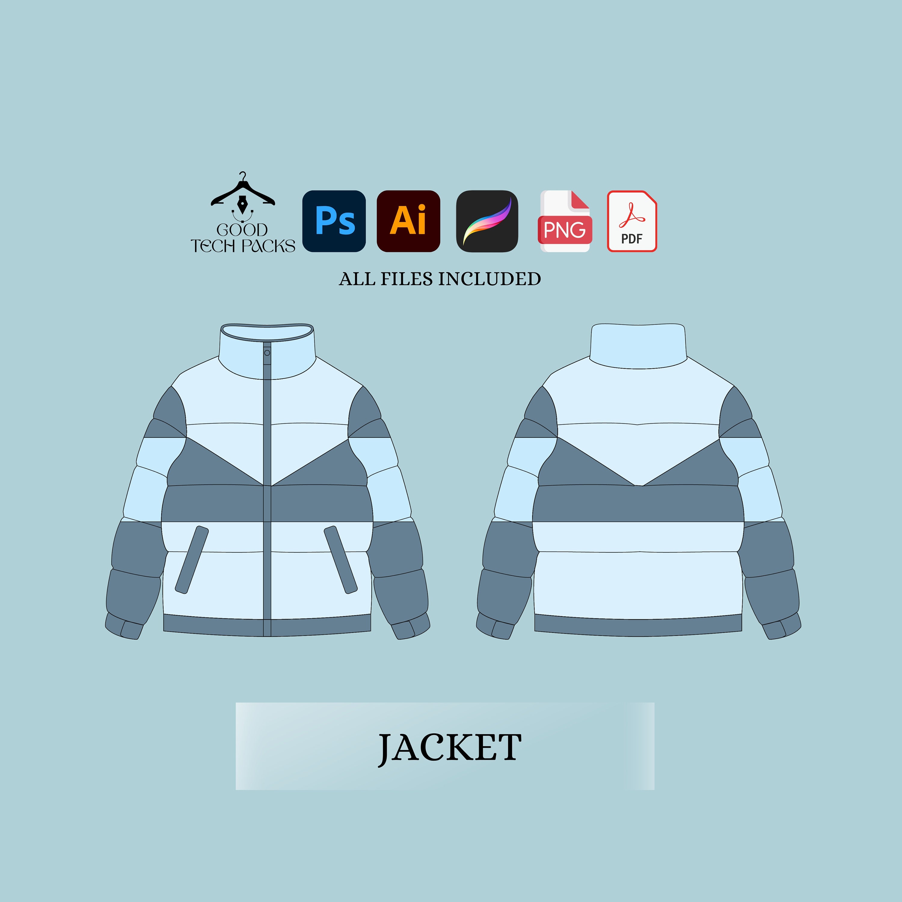Puffer Jacket Mockup Streetwear Vector Template Tech Pack Illustrator ...