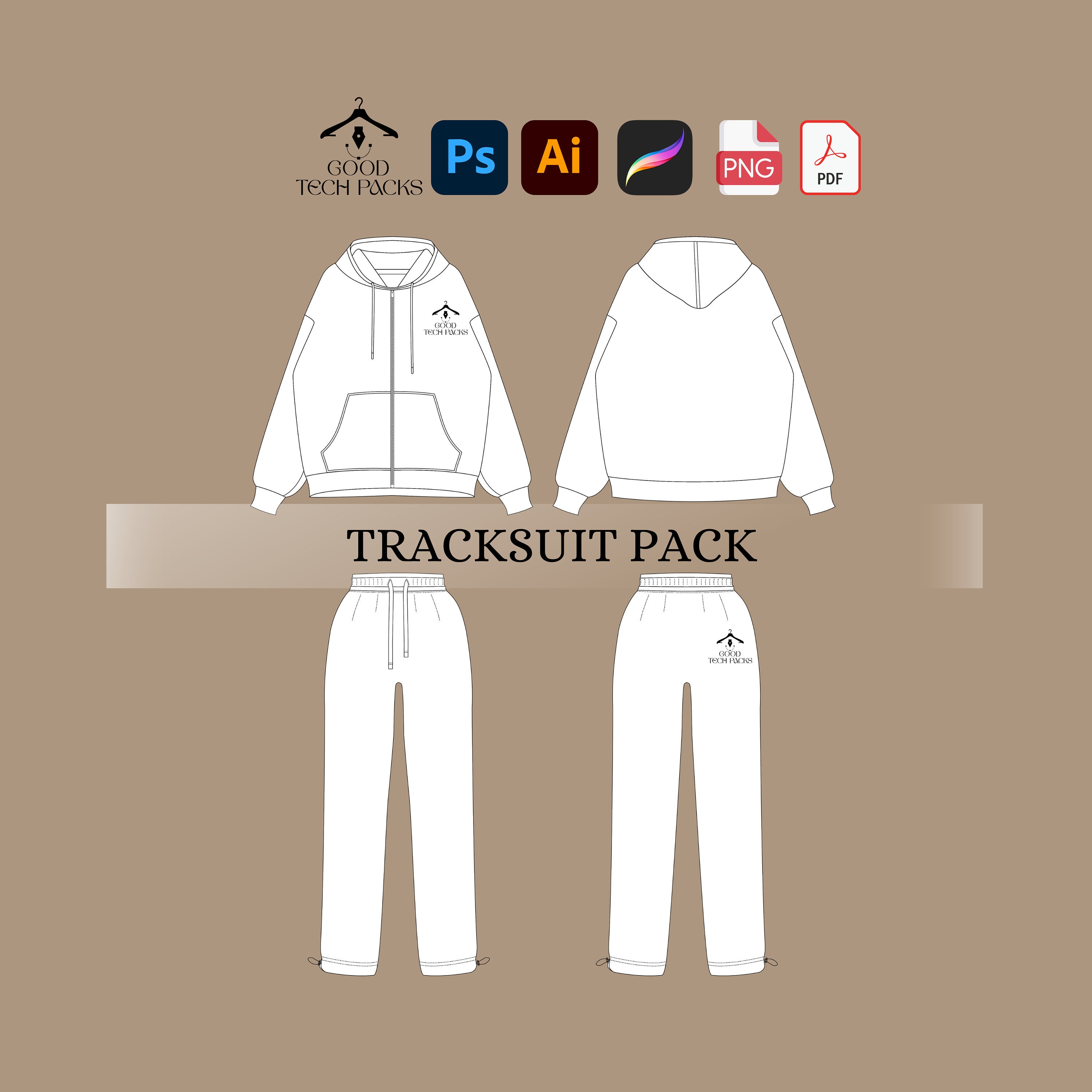 Tracksuit Tech Drawings, Vector Template, Vector Tech Pack Illustrator ...