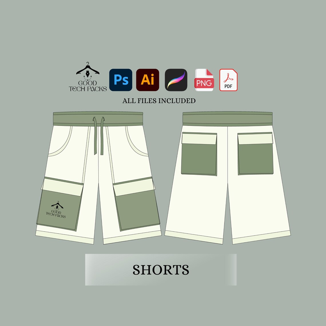 Cargo Shorts Tech Pack Template: Clothing Vector Mockups (PNG, PS, AI ...