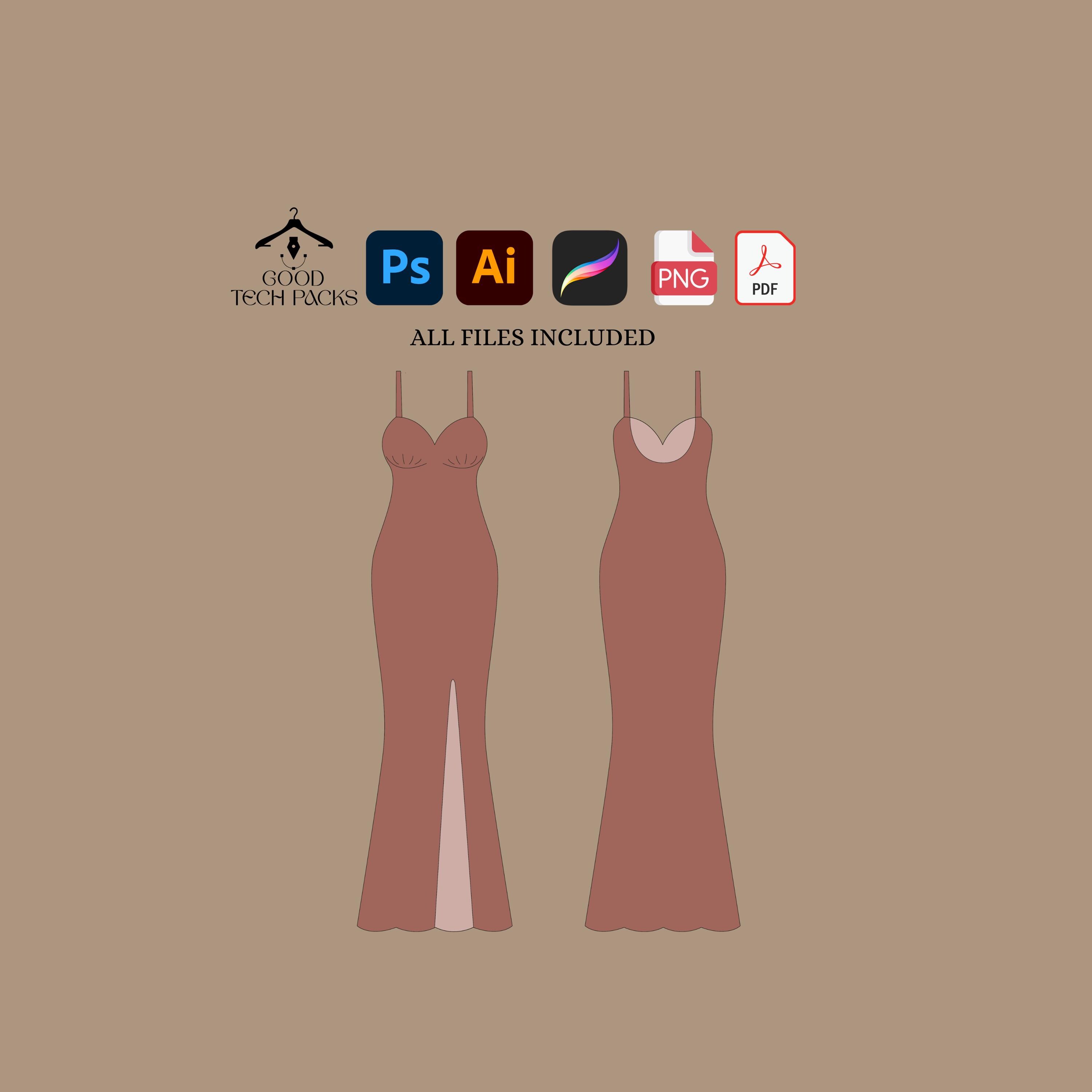 Midi Dress Tech Pack Template Clothing Procreate Vector Template Adobe ...