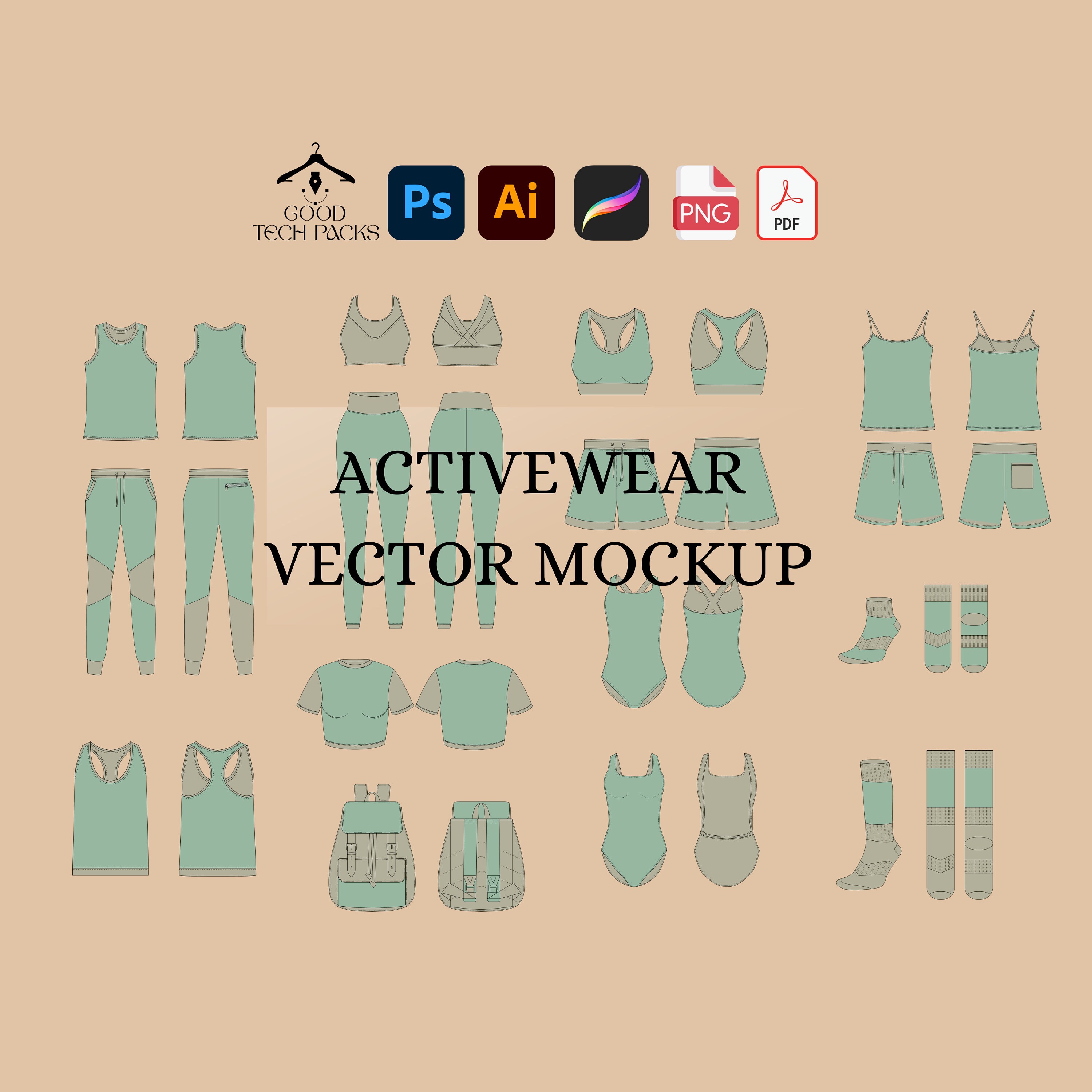 Activewear Clothing Vector Mock-ups, Streetwear Tech Drawings, Vector ...