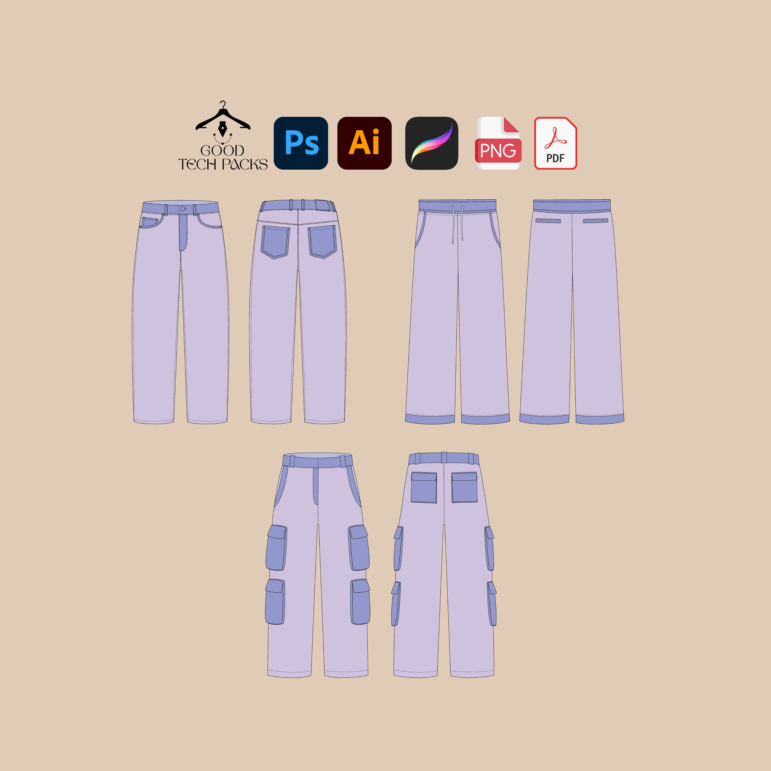 Pants Mockup, Vector Template, Tech Pack Illustrator, Pants Tech ...