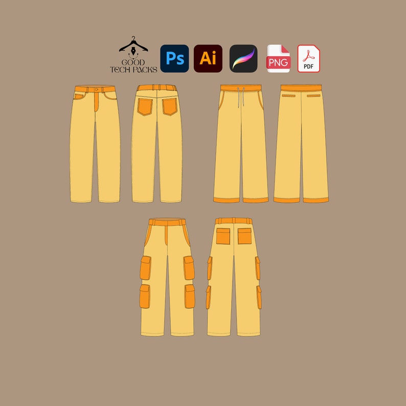 Pants Mockup, Vector Template, Tech Pack Illustrator, Pants Tech ...