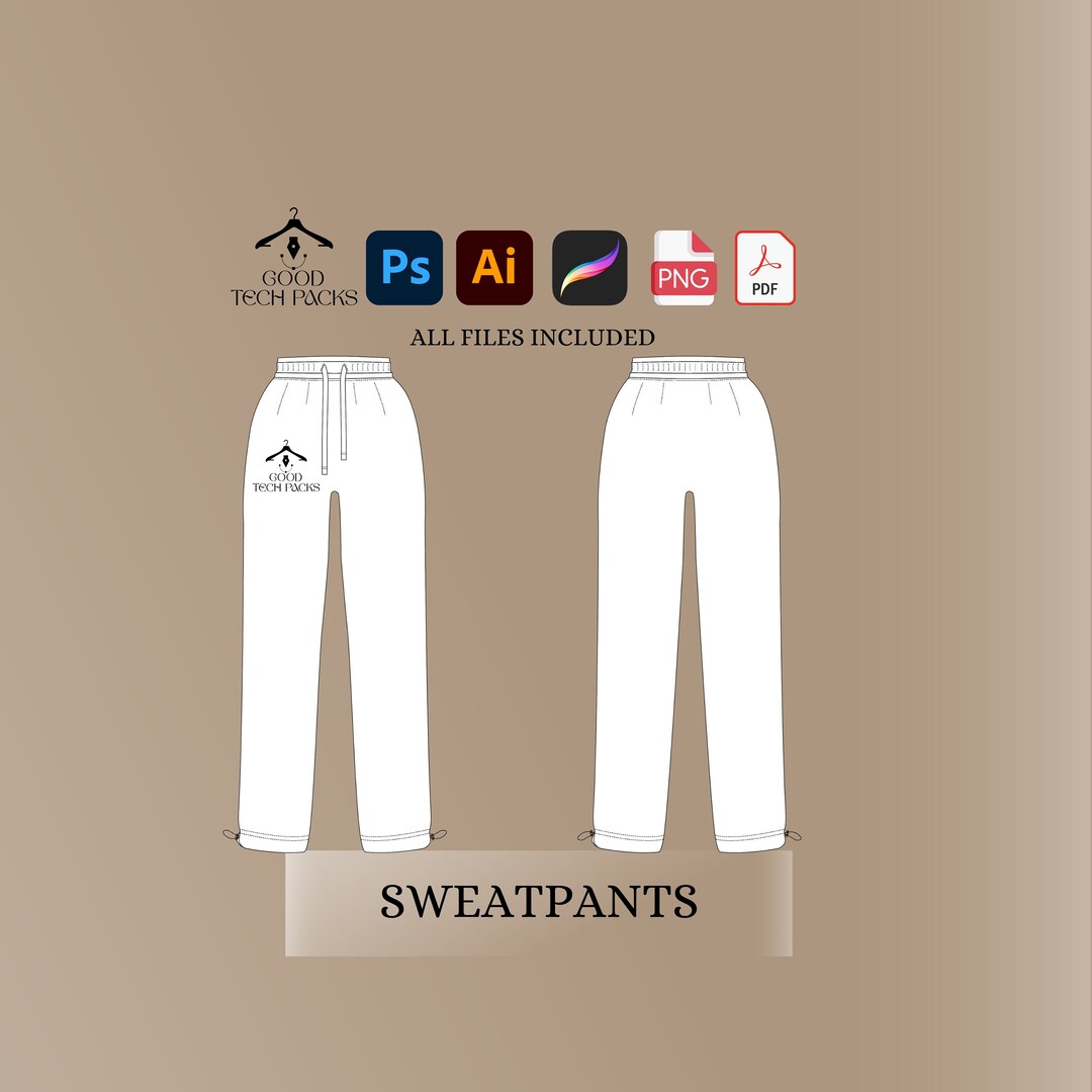 Sweatpants Tech Drawings, Vector Template, Vector Tech Pack Illustrator ...