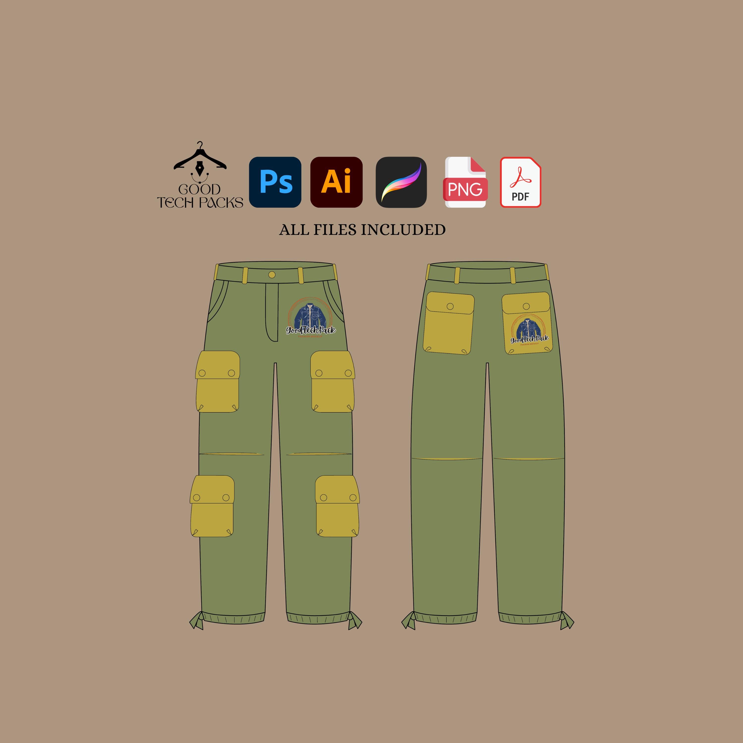 Cargo Pants Tech Pack Streetwear Tech Pack Template Drawing Clothing ...