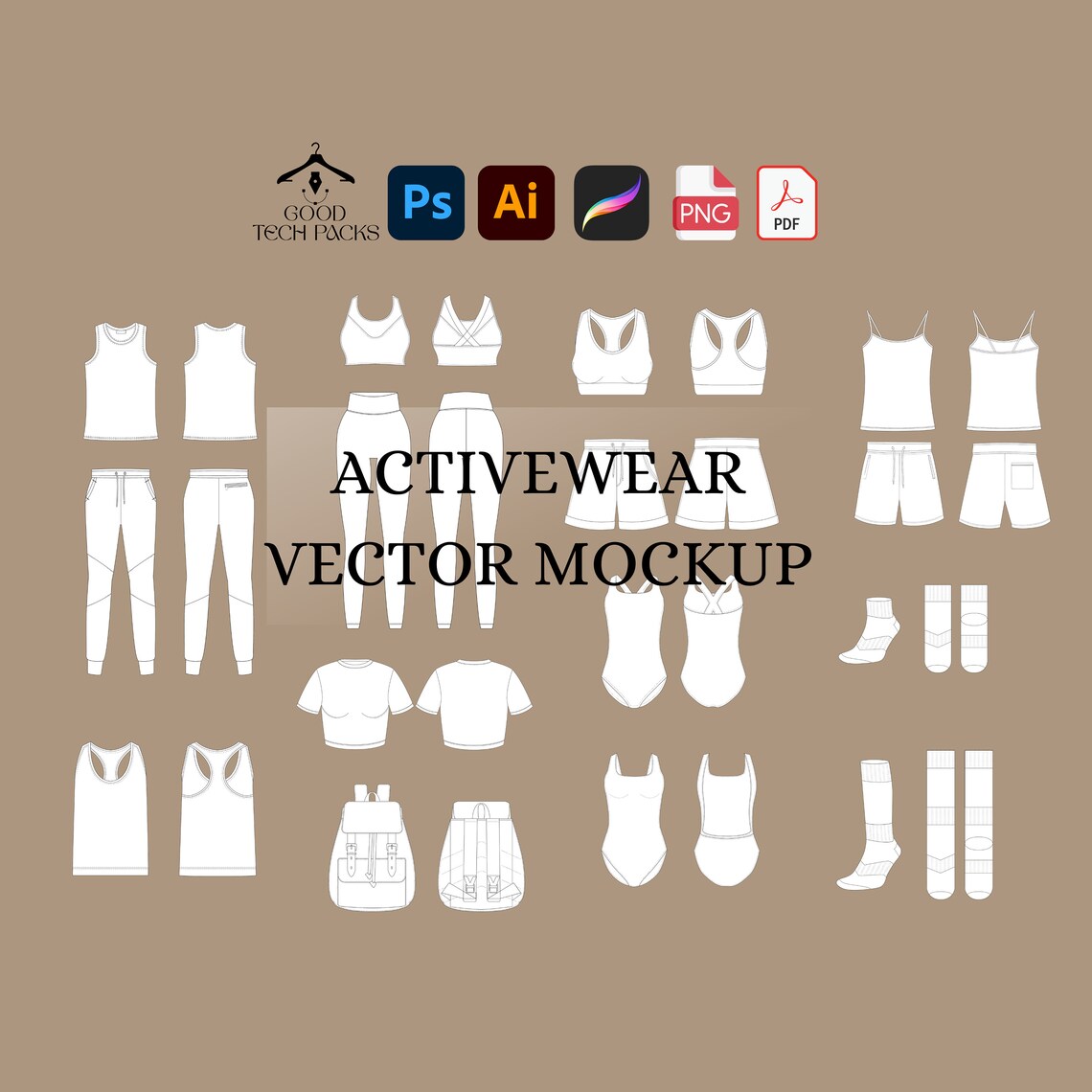 Activewear Clothing Vector Mock-ups, Streetwear Tech Drawings, Vector ...