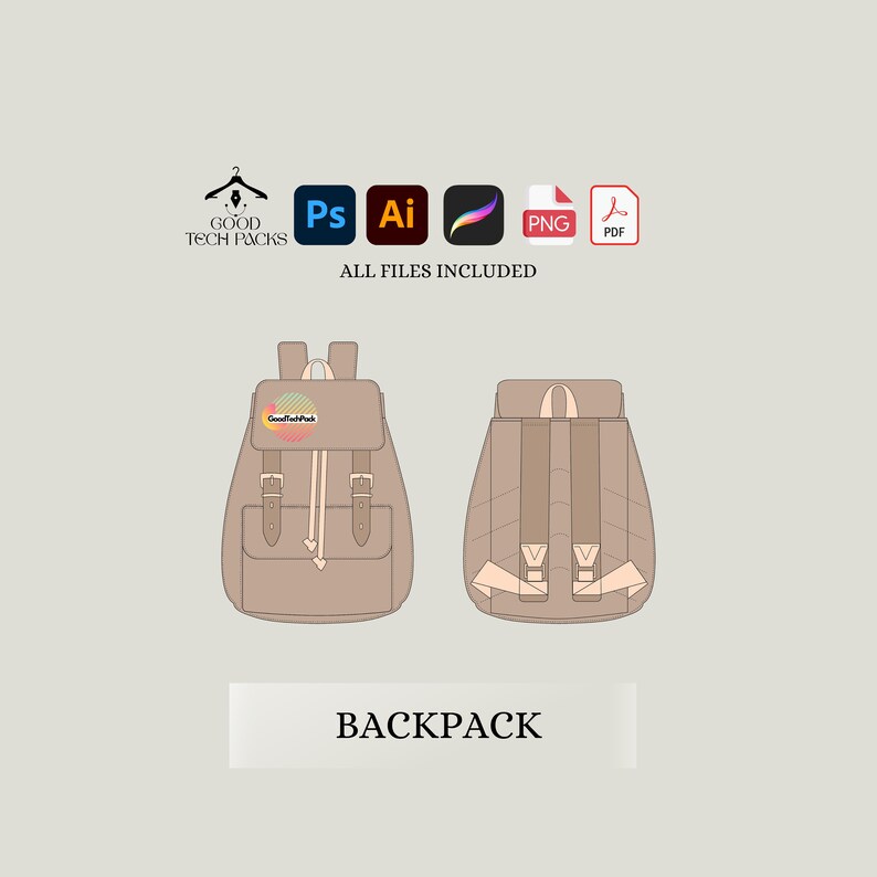 Backpack Tech Drawings, Vector Template, Vector Tech Pack Illustrator ...