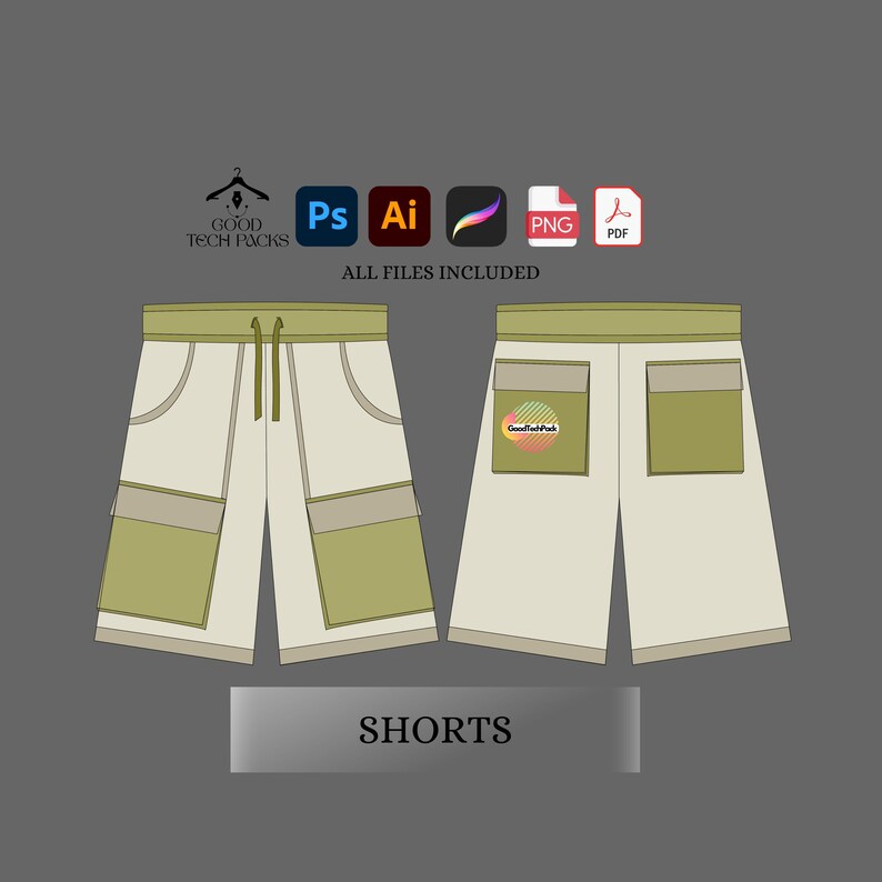 Cargo Shorts Tech Pack Template: Clothing Vector Mockups (PNG, PS, AI ...